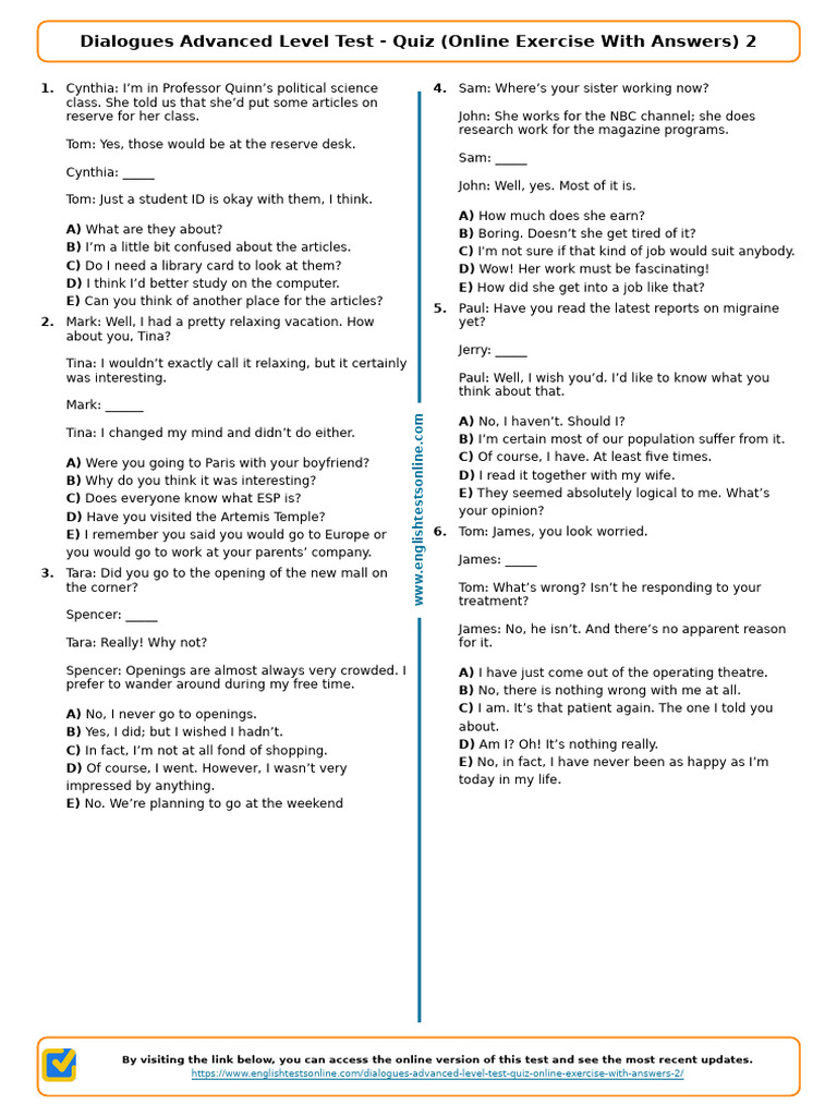 Advanced Dialogue Comprehension Test | PDF