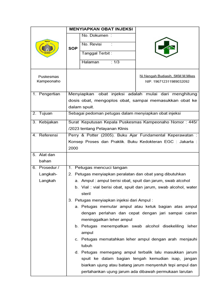 Sop Menyiapkan Obat Injeksi | PDF | Karier & Perkembangan | Kesehatan ...