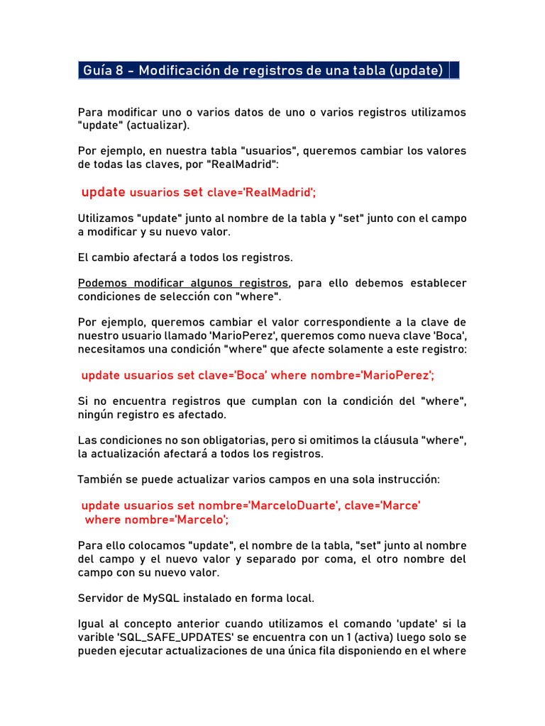 Guía 8 - Modificación de Registros de Una Tabla (Update) | PDF ...