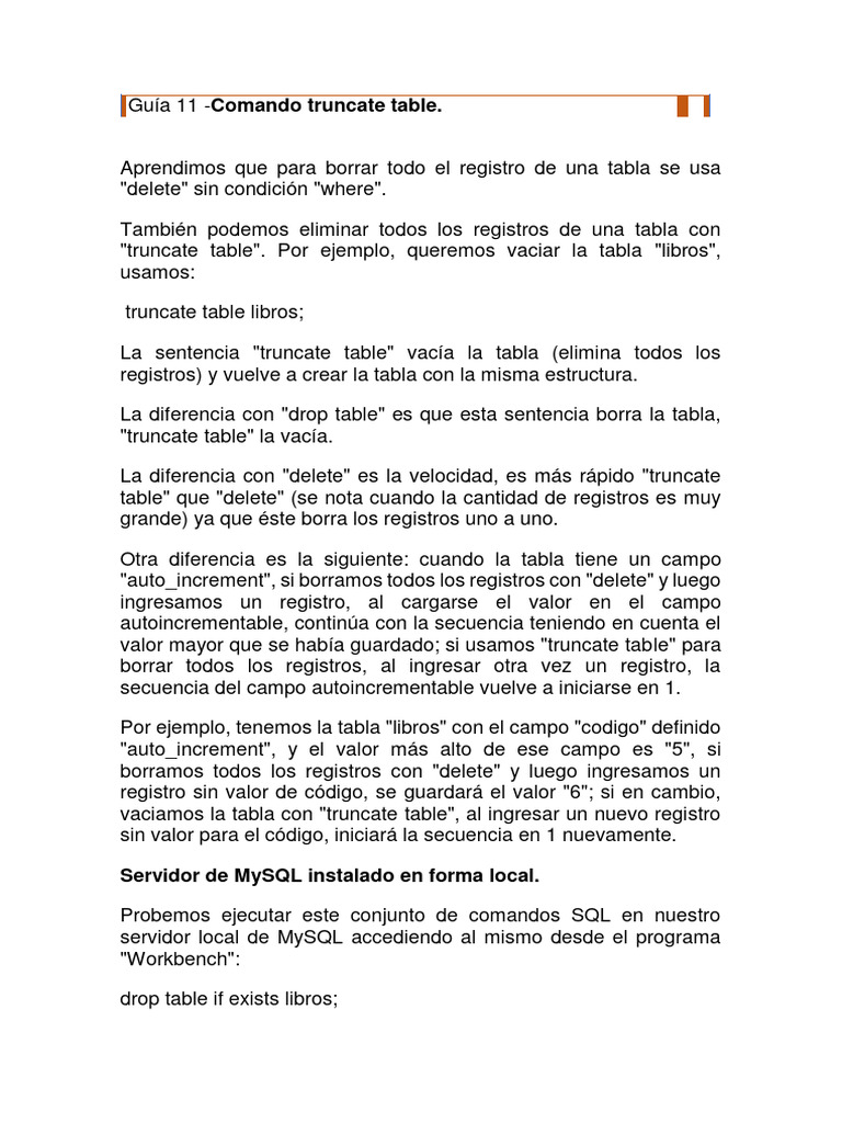 Guía 11 - Comando Truncate Table. | PDF | Mi sql | SQL