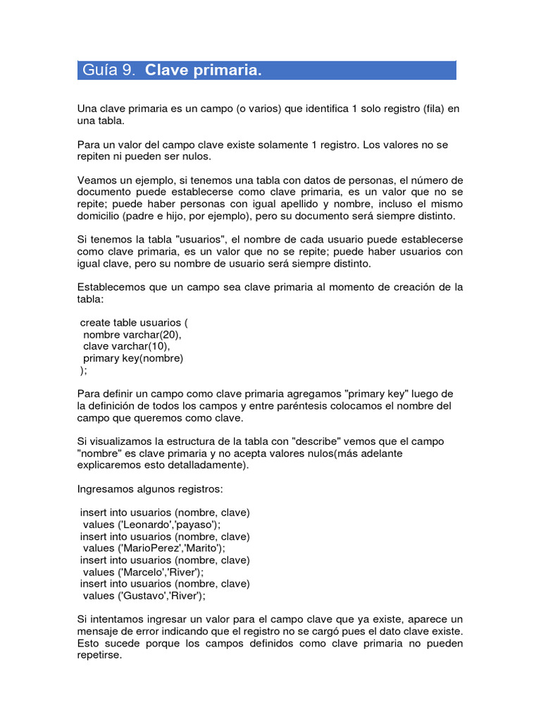 Clave Primaria en SQL: Guía Básica | PDF | Mi sql | SQL