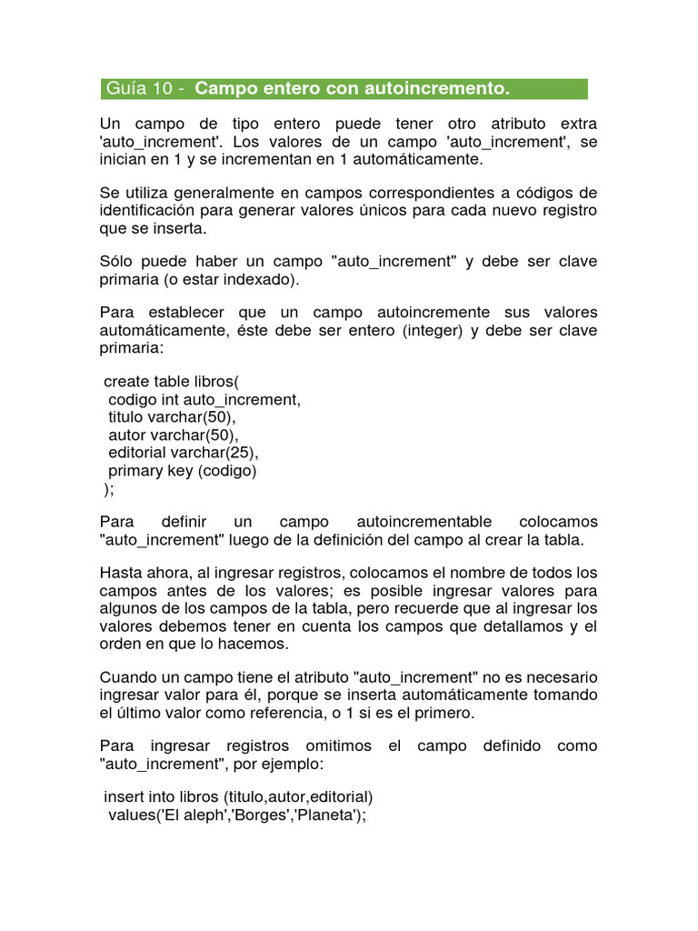 Guía 10- Campo Entero Con Autoincremento. | Descargar gratis PDF | SQL ...