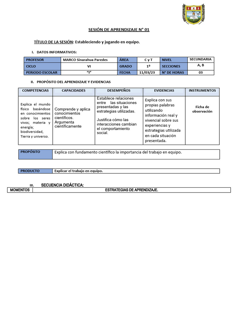 Sesión de Aprendizaje #01 Primer Grado | PDF | Aprendizaje | Cognición
