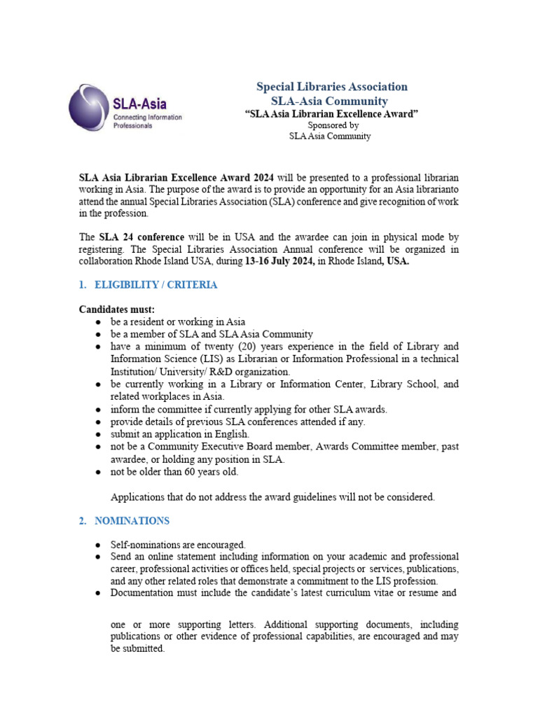 2024 SLA Asia Awards | PDF | Libraries