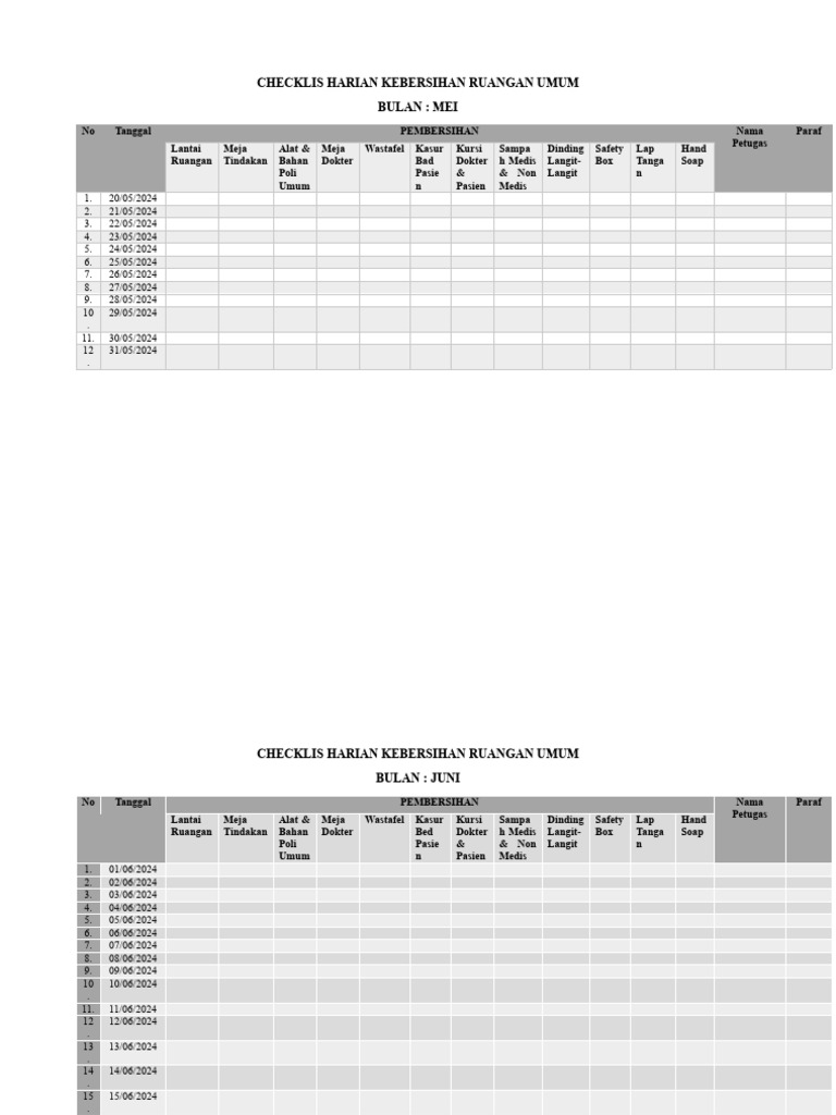 Checklist Kebersihan Ruangan Umum Mei-Juni | PDF