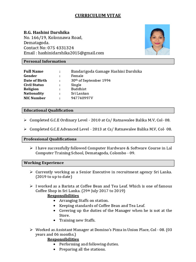 Hashini Darshika CV: Recruitment Executive | PDF | Sri Lanka