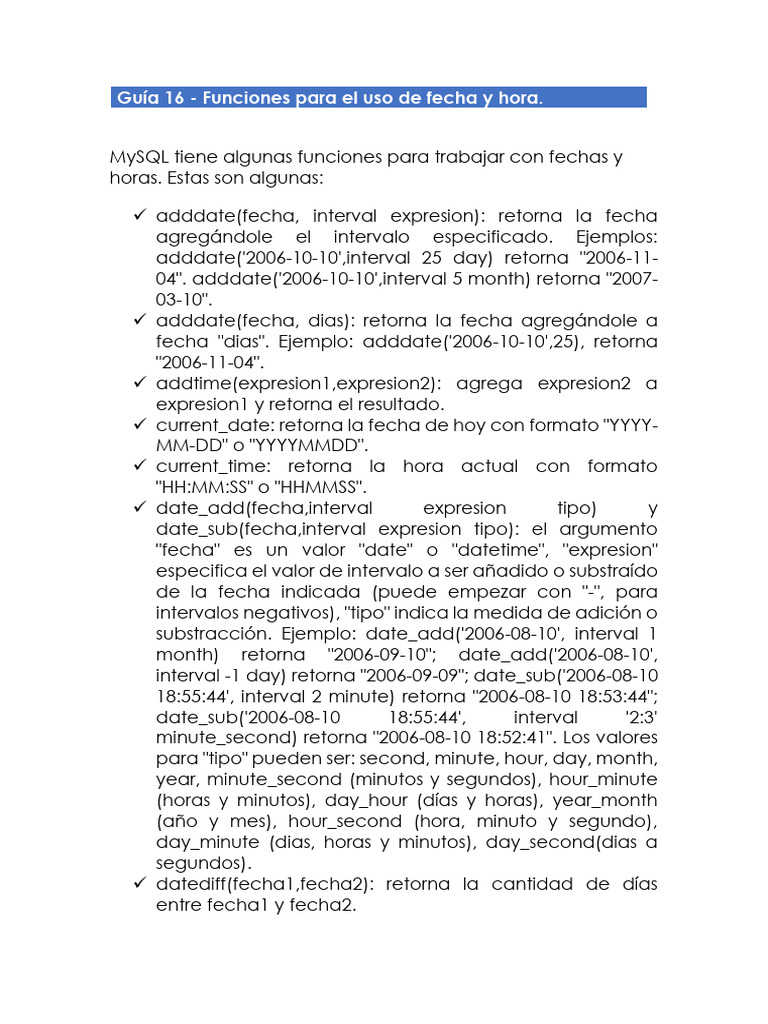 Guía 16 - Funciones para El Uso de Fecha y Hora. | PDF | SQL | Bases de ...