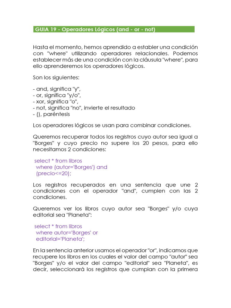 Guía de Operadores Lógicos SQL | PDF | Bases de datos