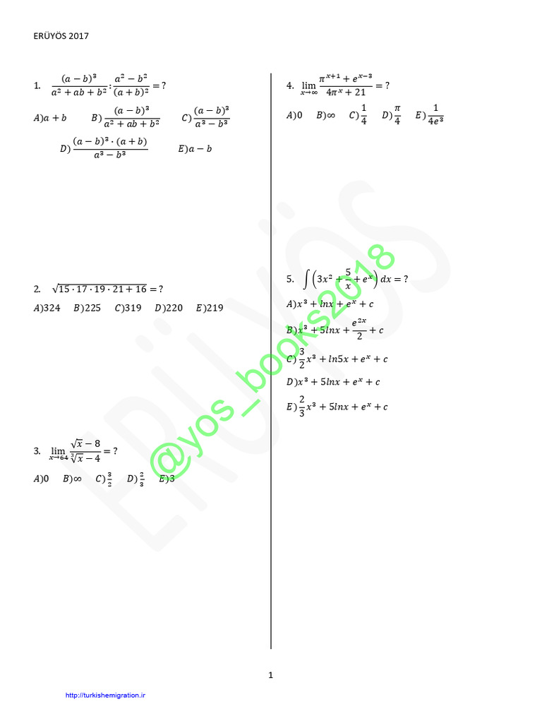 ERÜYÖS 2017 Math Problem Set | PDF