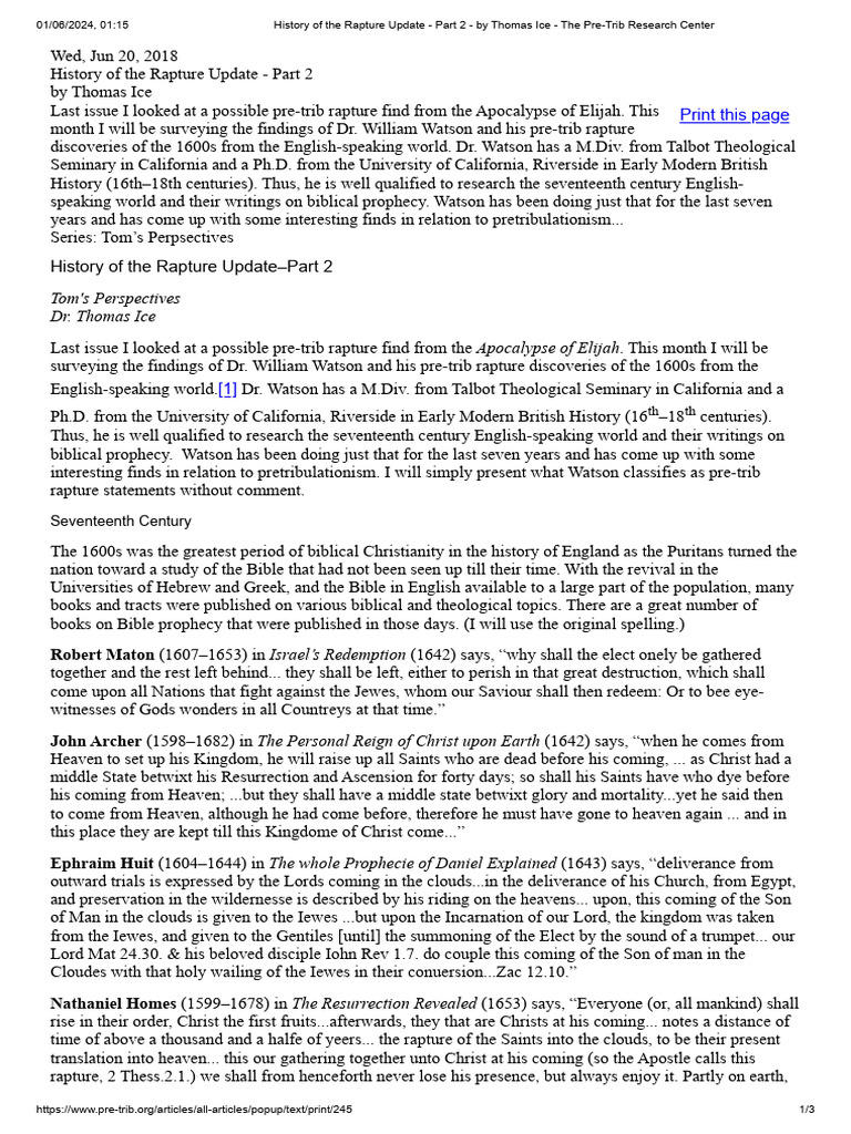 History of The Rapture Update - Part 2 - by Thomas Ice - The Pre-Trib ...