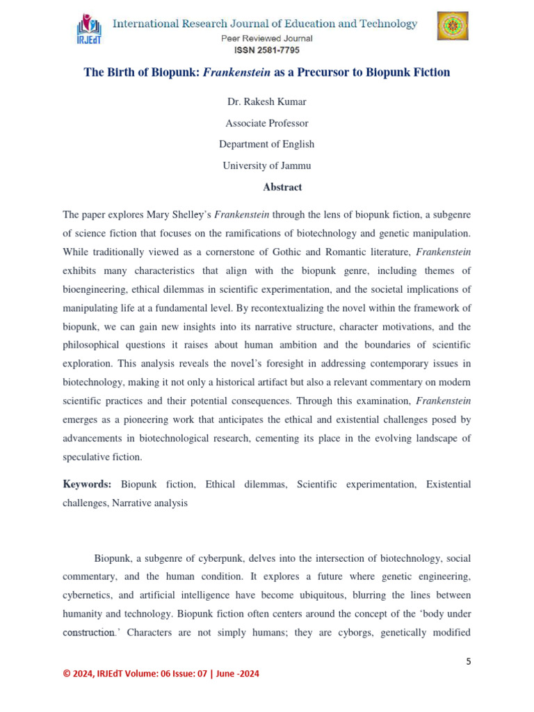 The Birth of Biopunk Frankenstein As A Precursor To Biopunk Fiction ...