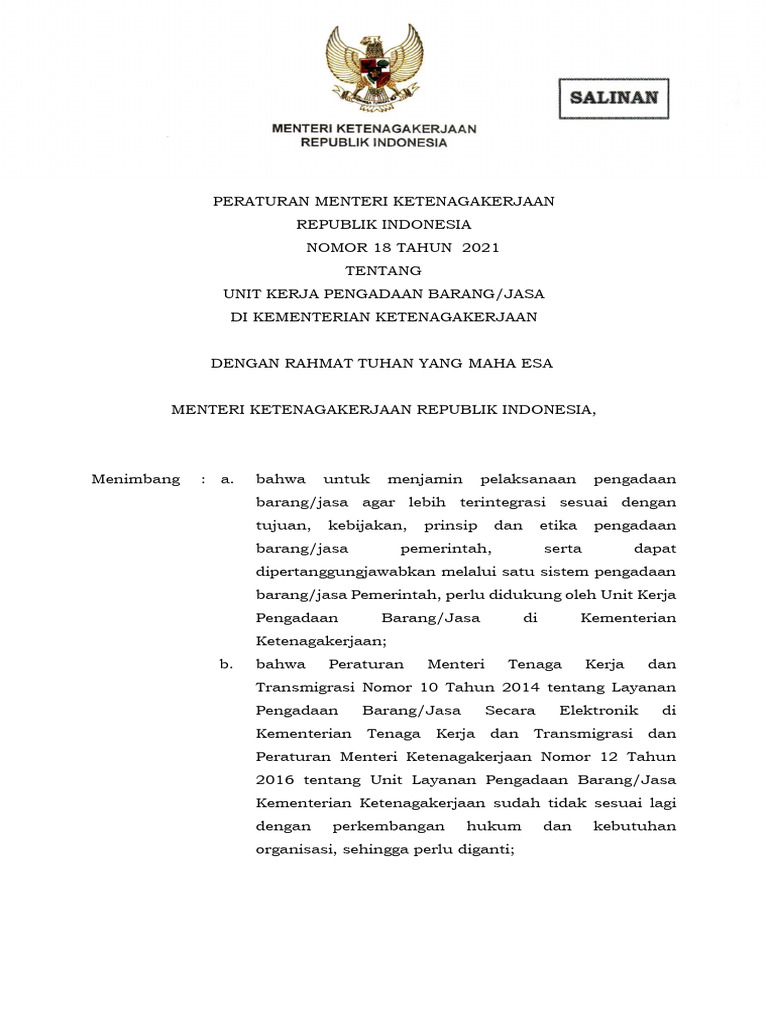 Permenaker Nomor 18 Tahun 2021 | PDF