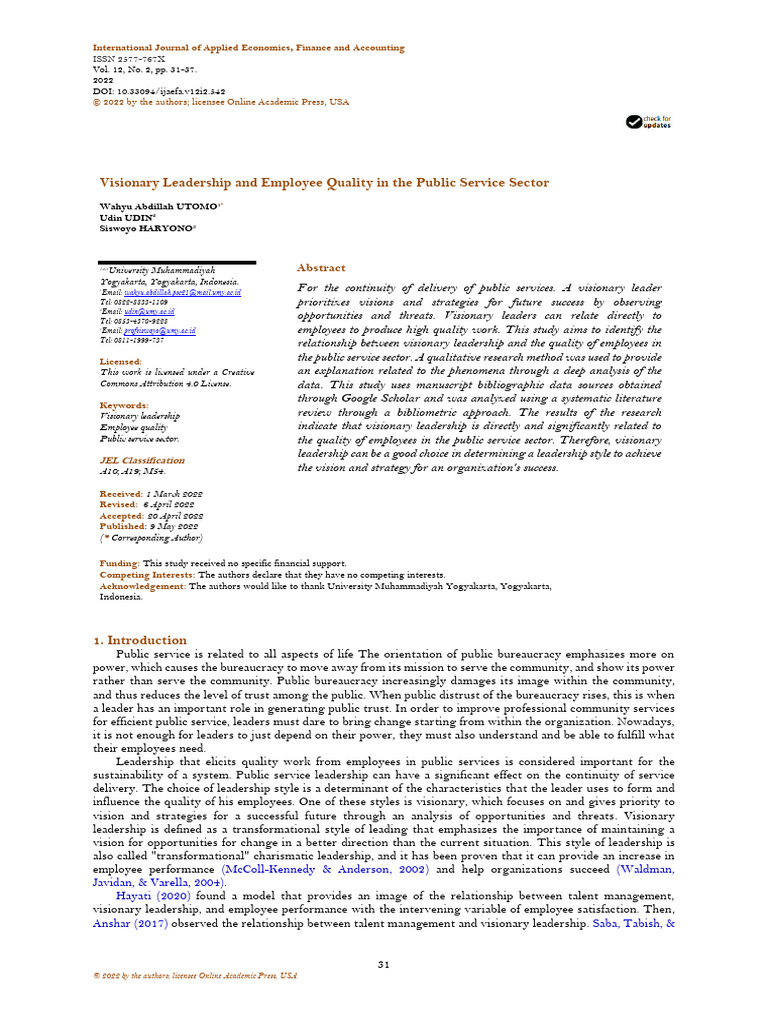 Visionary Leadership and Employee Quality in The Public Service Sector | PDF | Leadership ...