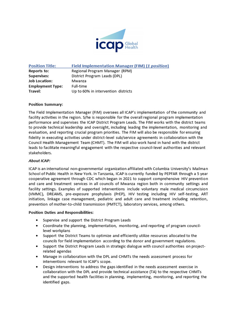 ICAP JD - Field Implementation Manager - Final | PDF | Needs Assessment | Health Care