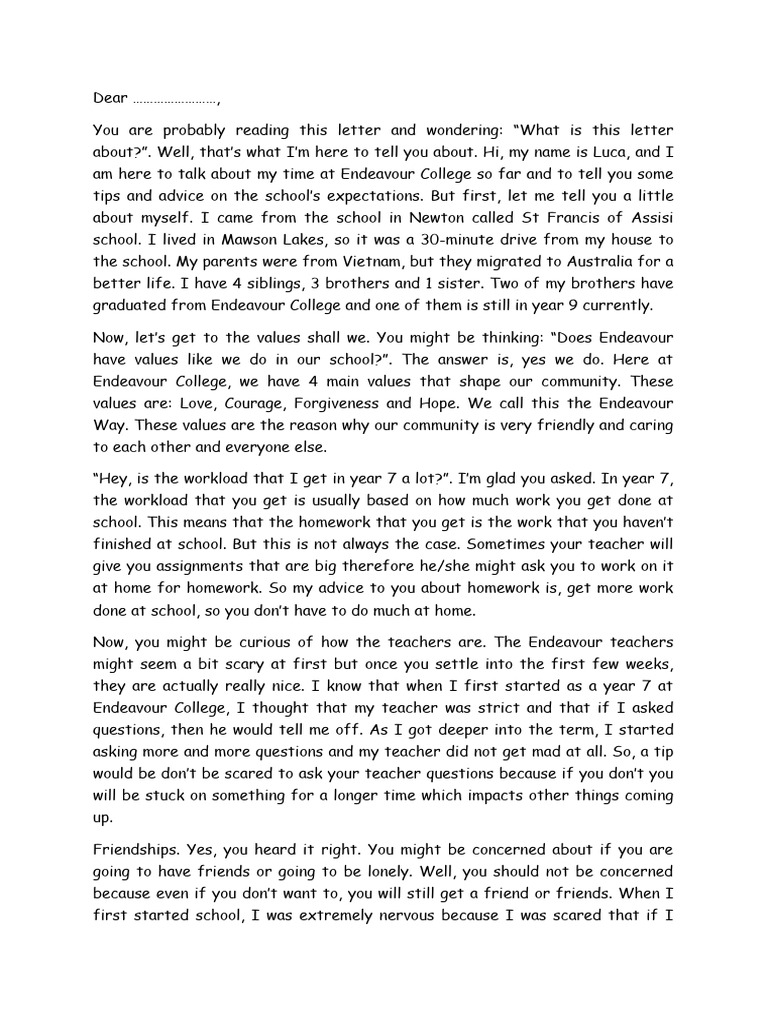 Letter To Year 6 Student | PDF