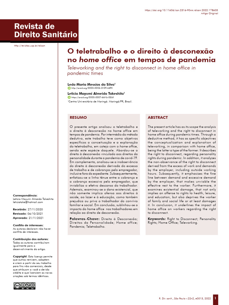 O Teletrabalho e o Direito À Desconexão No Home Office em Tempos de ...