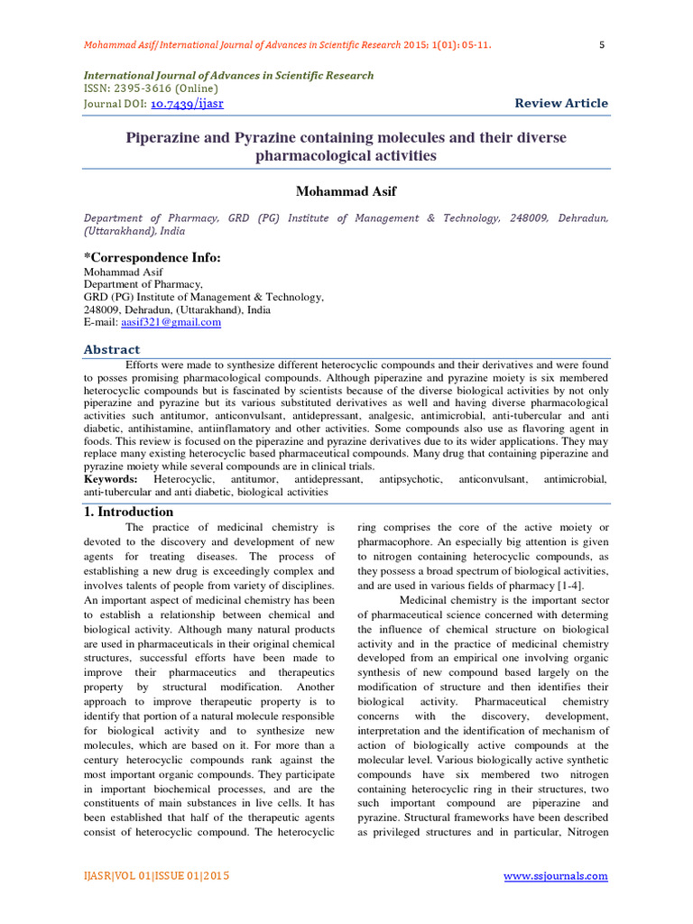 Piperazine and Pyrazine Containing Molecules and T | PDF | Medicinal ...