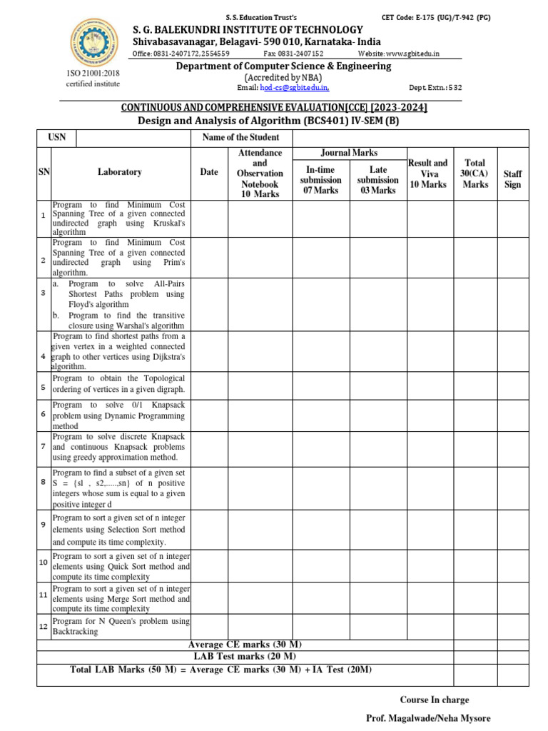 Continuous Evaluation Sheet - DAA | PDF | Computational Complexity Theory | Theoretical Computer ...