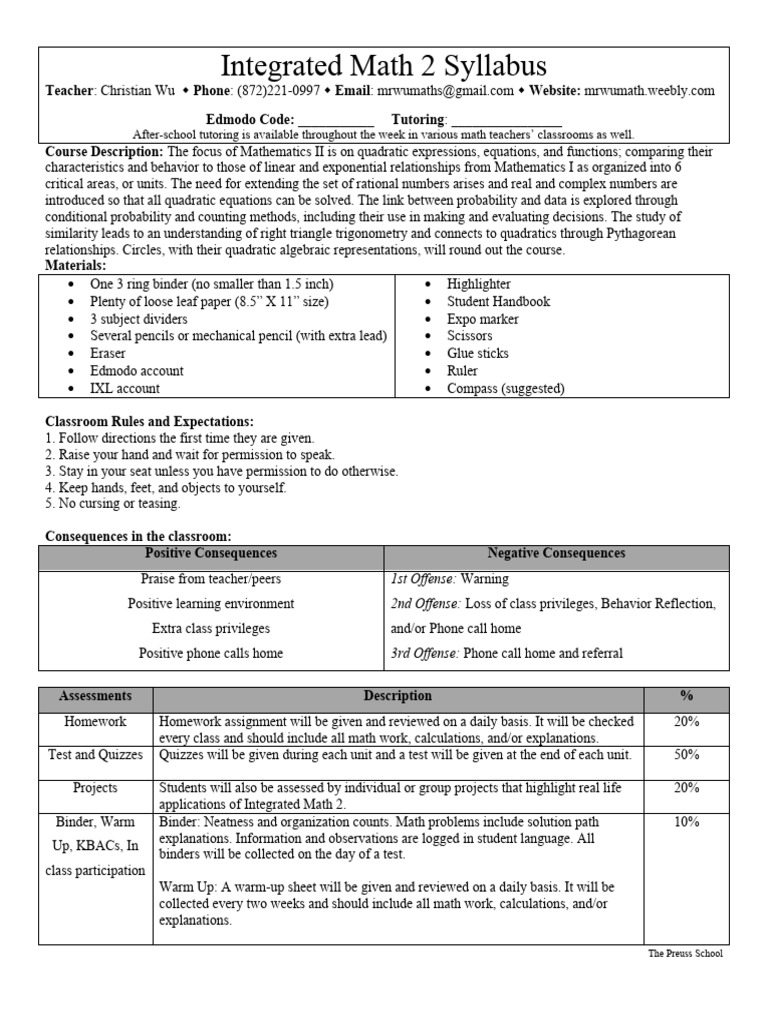 Integrated Math 2 Syllabus | PDF | Quadratic Equation | Mathematics