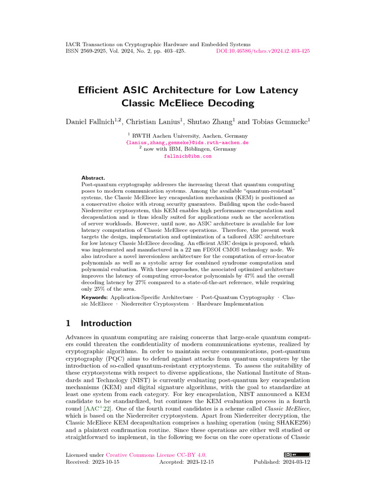 Efficient ASIC Architecture For Low Latency Classic McEliece Decoding ...