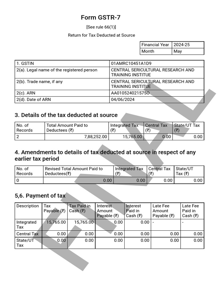 GSTR-7 TDS Return for May 2024 | PDF | Taxes | Cash