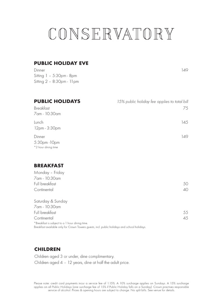 Crown Melbourne Restaurants Conservatory Price List | PDF | Fee | Money