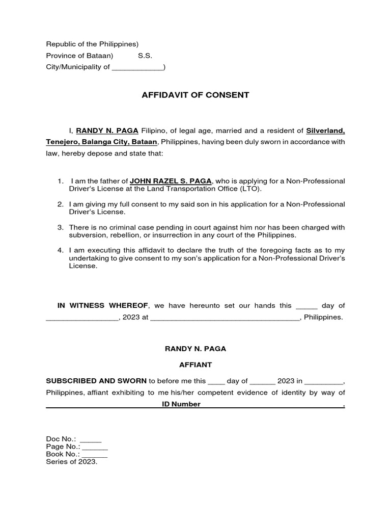 Affidavit of Parental Consent For Child To Apply For Student Drivers Permit | PDF