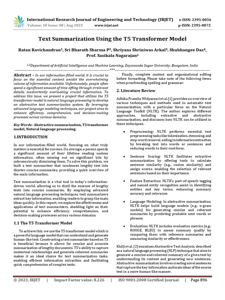 Text Summarization Using The T5 Transformer Model | PDF | Computational Neuroscience | Computing