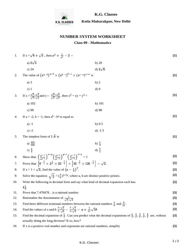 Number System Practice Worksheet | PDF | Numbers | Rational Number