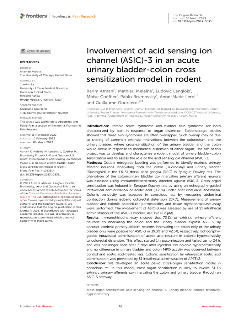 Involvement of Acid Sensing Ion Channel (ASIC) - 3 in An Acute Urinary ...