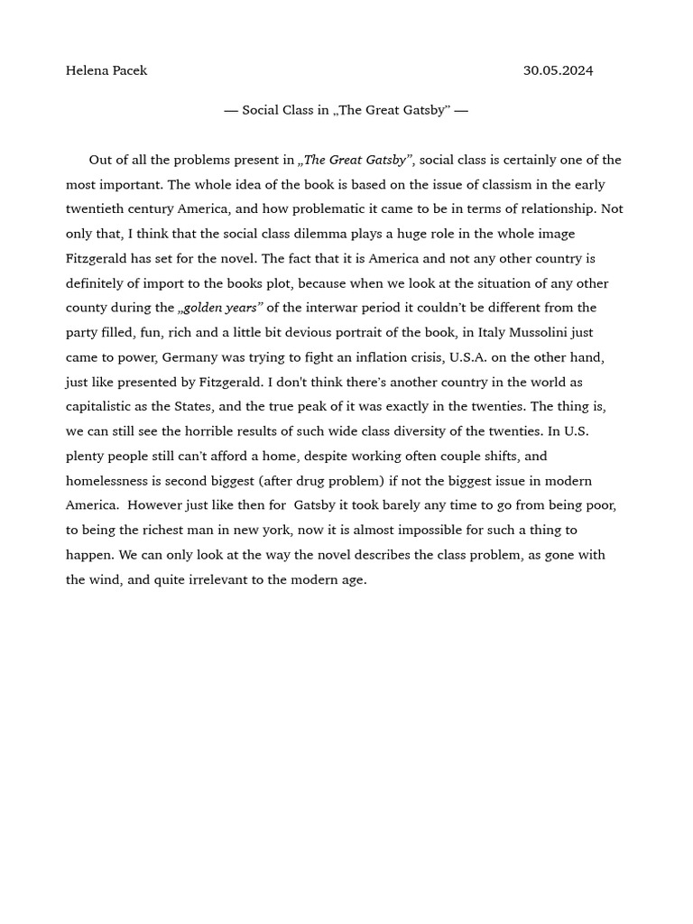 The Great Gatsby Essay | PDF | Social Science
