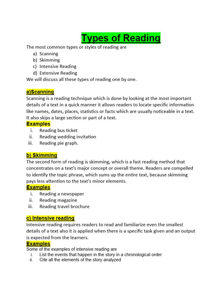 Types of Reading Techniques Explained | PDF