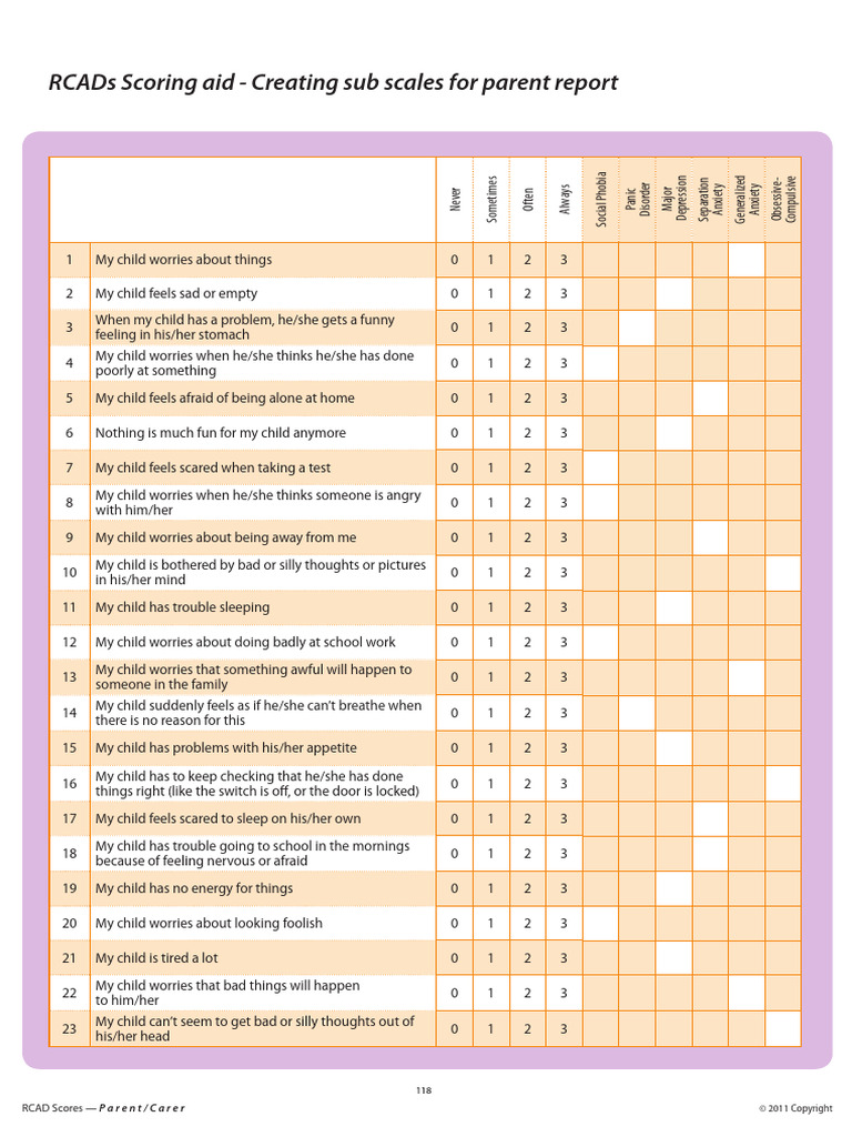Rcads Assessment (Parent) | Download Free PDF | Anxiety | Obsessive ...