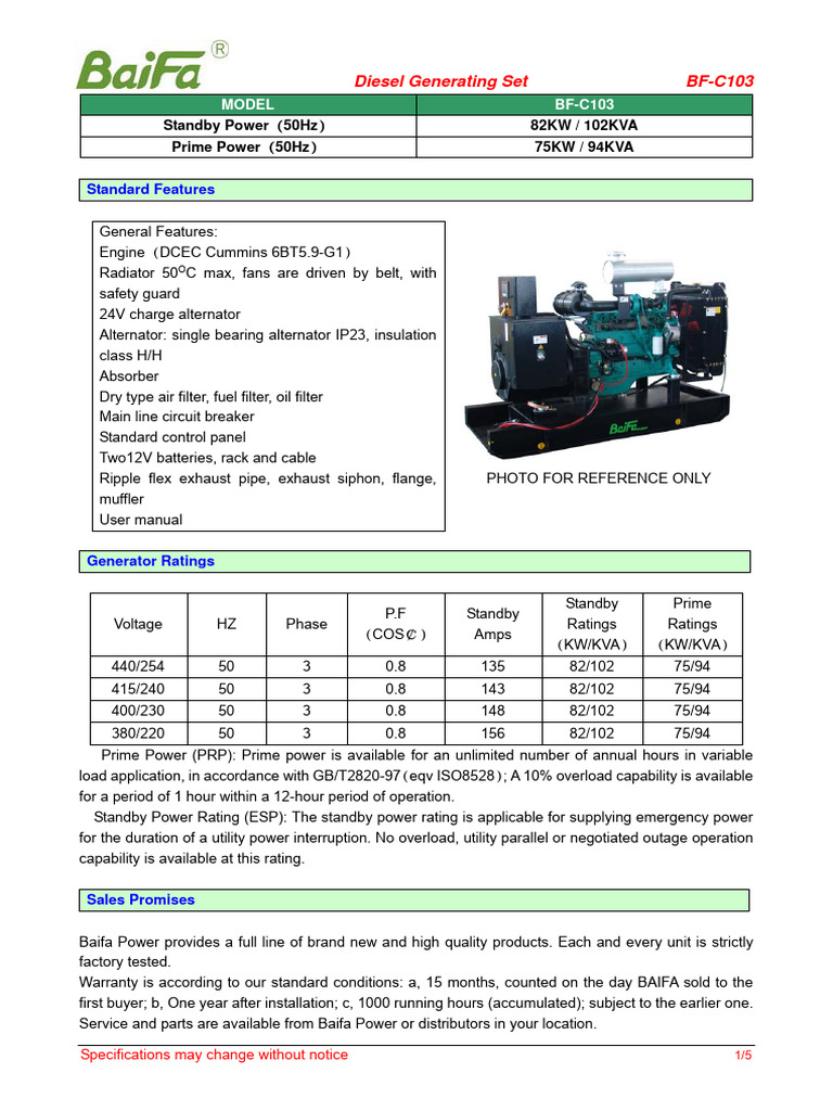 Diesel Generating Set BF-C103: Standby Power 50Hz 82KW / 102KVA Prime Power 50Hz 75KW / 94KVA ...