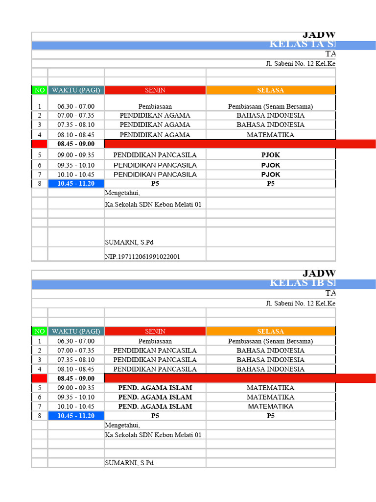 Jadwal Mapel Kelas 1 2023 | PDF