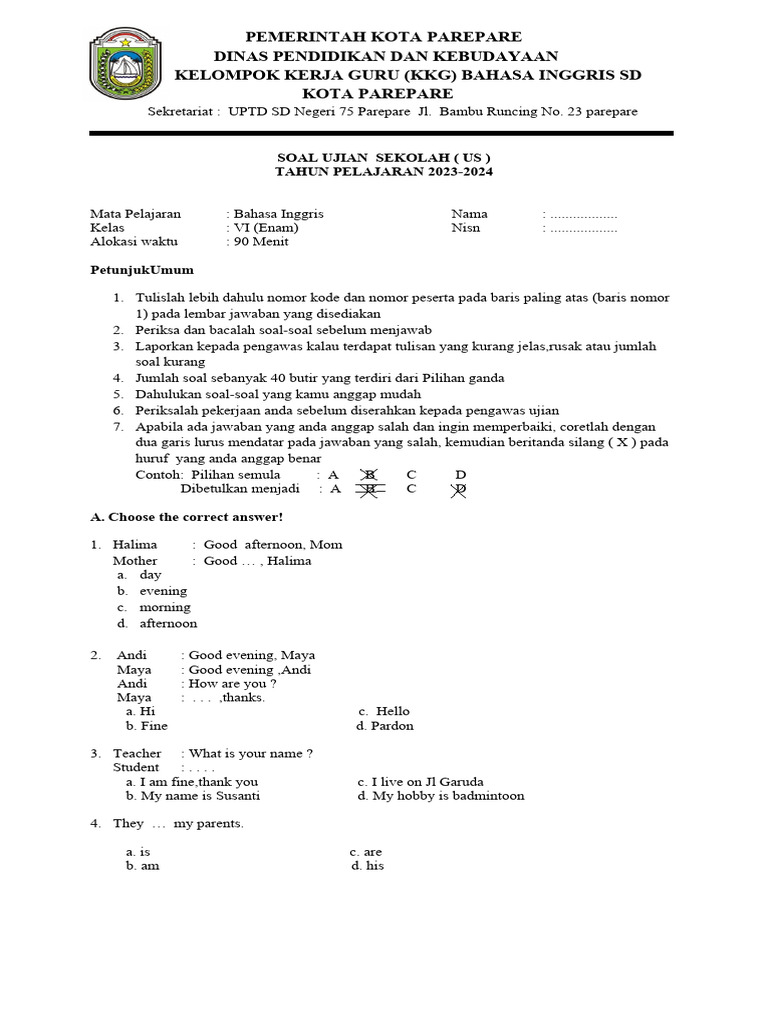 SOAL US KLS 6 TAHUN 2024 (1) | PDF