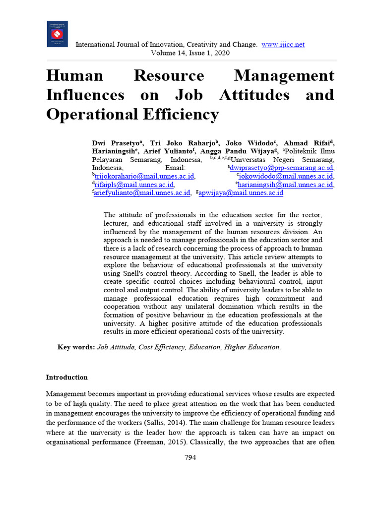 Human Resource Management Influences On Job Attitudes and Operational ...