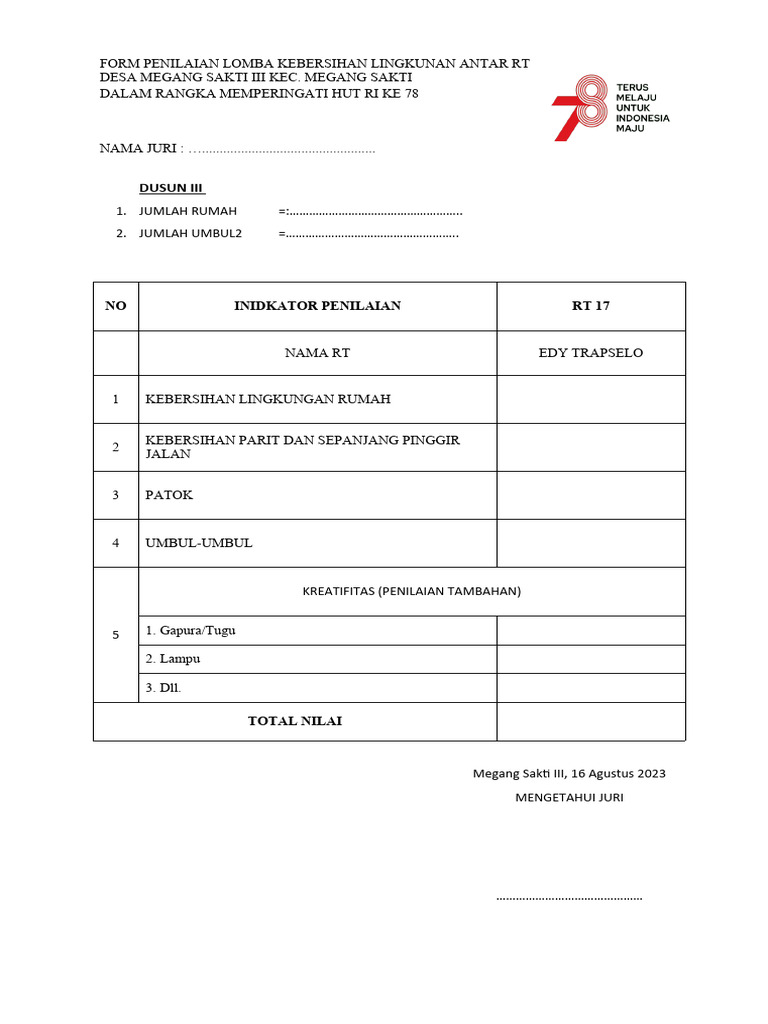 FORM PENILAIAN LOMBA KEBERSIHAN LINGKUNAN ANTAR RT | PDF