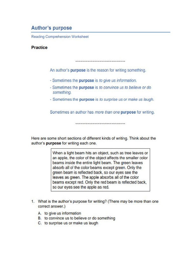 Author's Purpose Worksheet | PDF