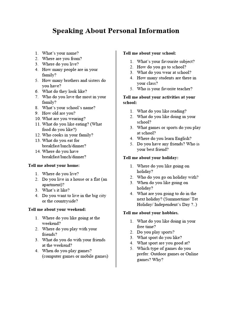 Personal Information Conversation Starters | PDF