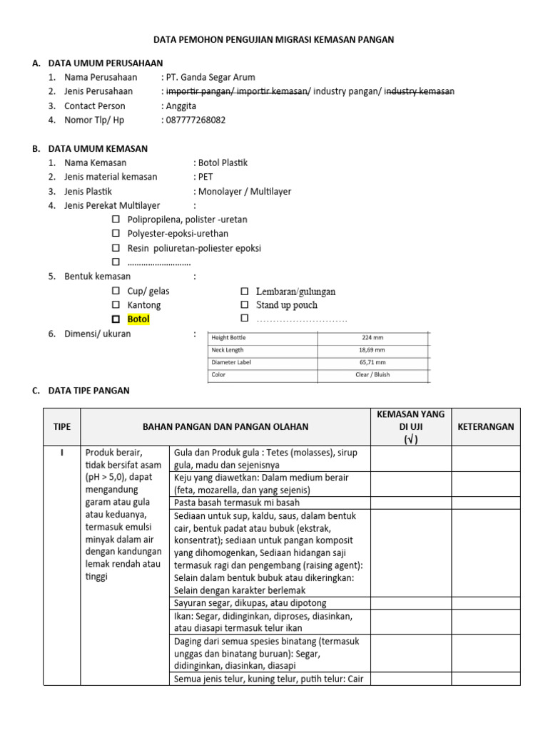 Data Pemohon Pengujian Migrasi Kemasan Pangan | PDF