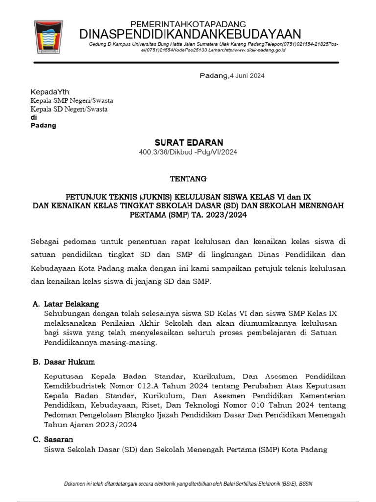 SE Kelulusan - Kenaikan Kelas SD Dan SMP 2024 | PDF