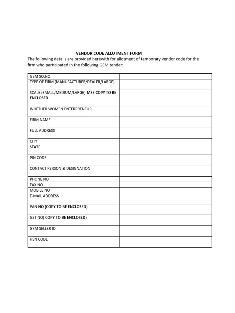 Vendor Code Allotment Form for GEM Tender | PDF