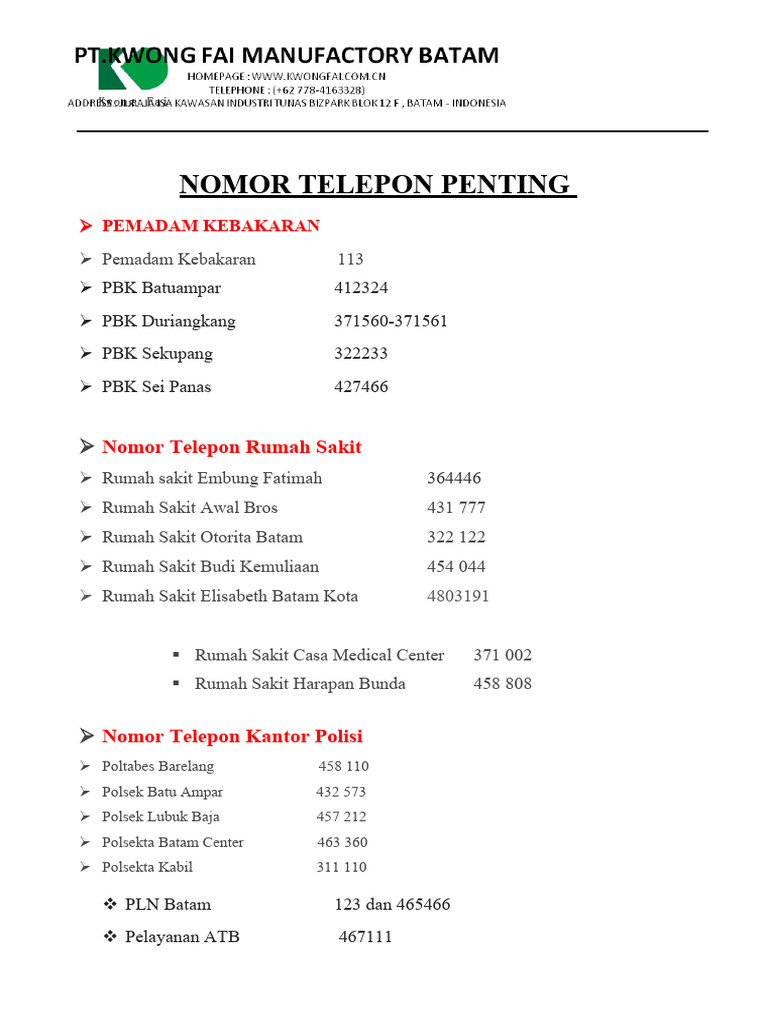 Nomor Telepon Penting Kota Batam | PDF