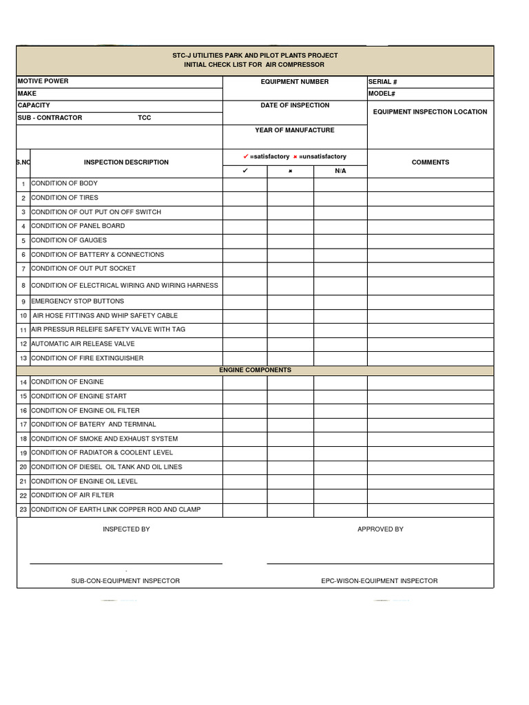 Air Compressor Inspection Checklist | PDF | Manufactured Goods | Equipment