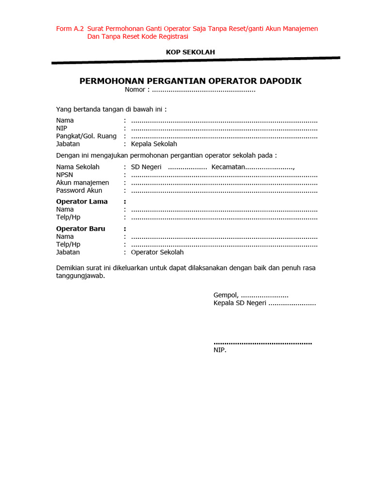 Form a.2 Surat Permohonan Ganti Operator Saja Tanpa Reset_ganti Akun ...