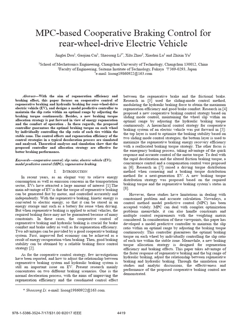 MPC-based Cooperative Braking Control For Rear Wheel Driven Electric Vehicle | PDF | Brake ...