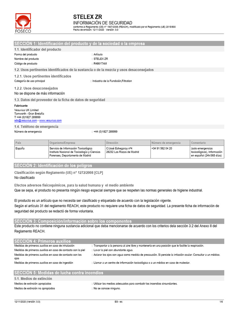 Stelex Zr-R4861tam-Vesuvius - SDS - Eu - Article-Es - Es-3.0 | PDF ...