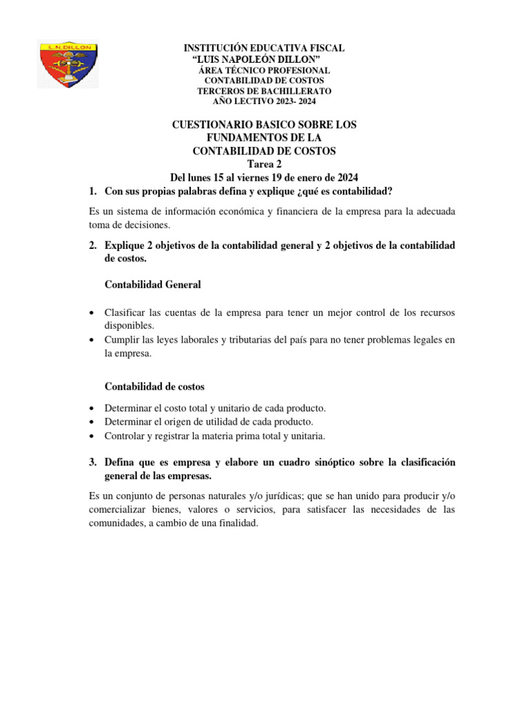 Cuestionario Uno y Dos - Cabezas Anthony - 3ro F | PDF | Contabilidad | Contabilidad de costos