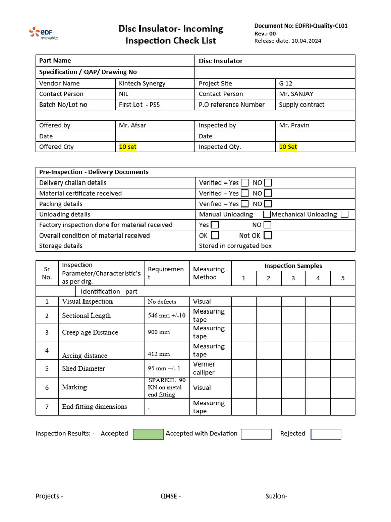 Disc Insulator - Incomig Inspection Checklist | PDF